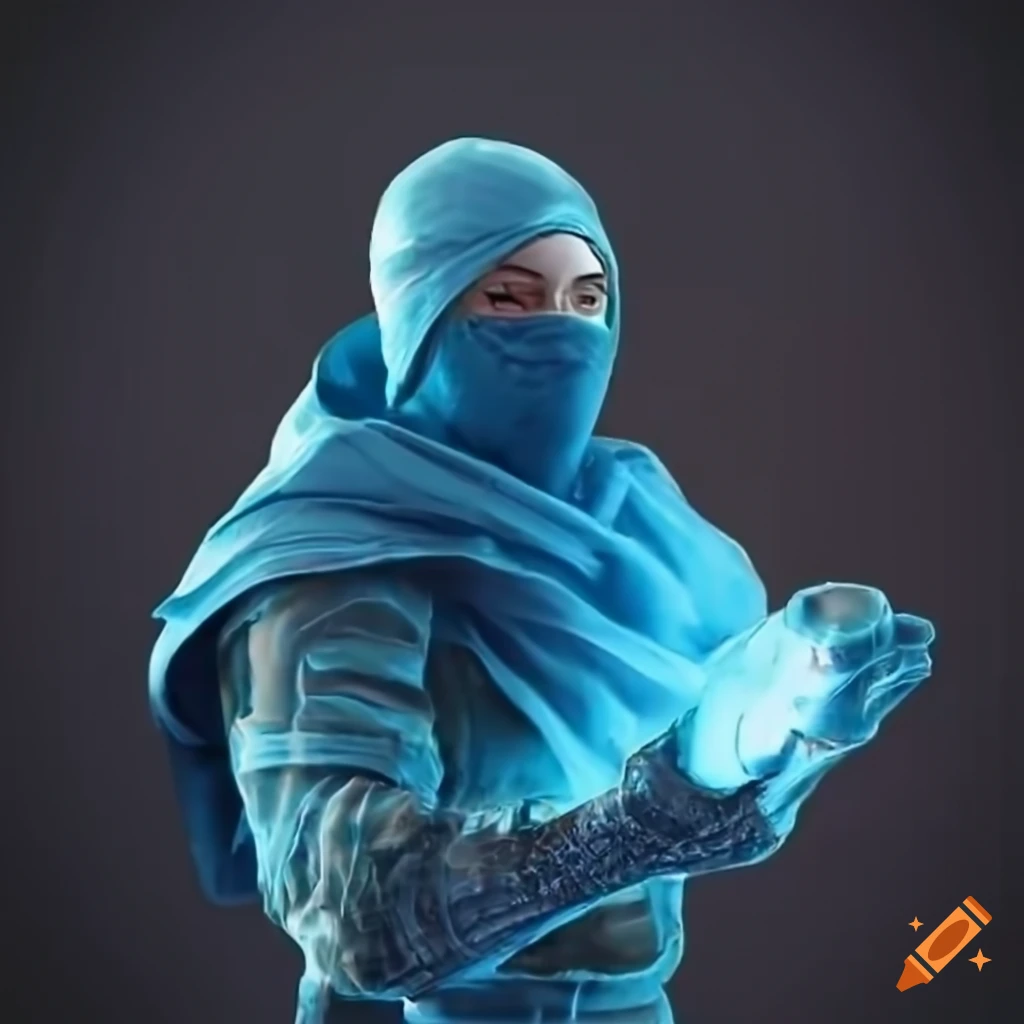 Light blue ninja holding a shard of glass in a photorealistic style on ...