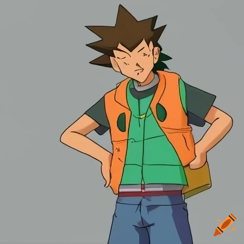 Brock from Pokemon with eyes closed wearing orange vest over green ...