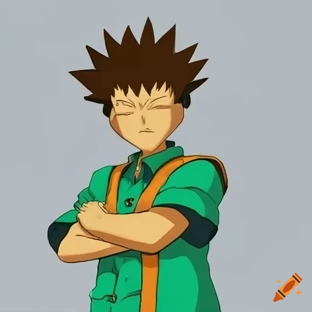 Brock from pokemon in orange vest over a green shirt on Craiyon