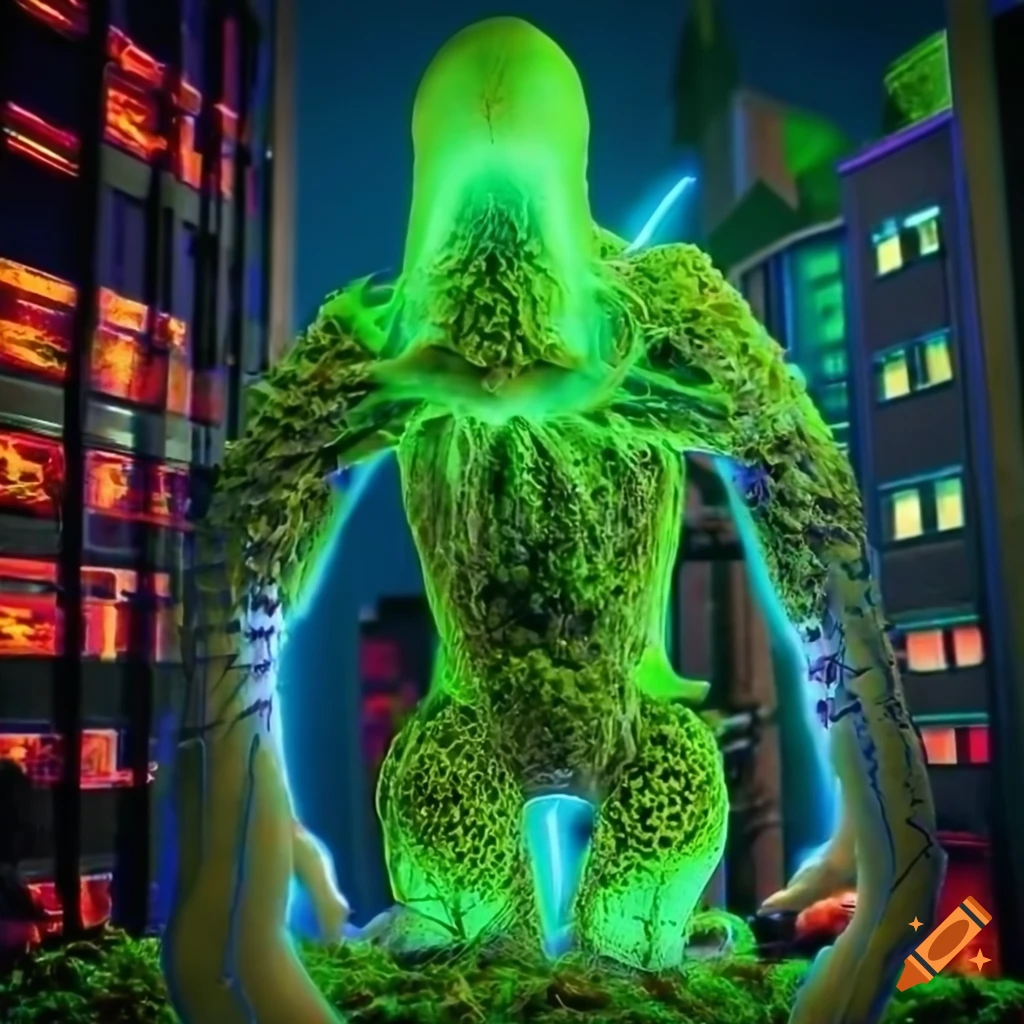 Glowing biopunk cityscape with biological energy sources and cyborg ...