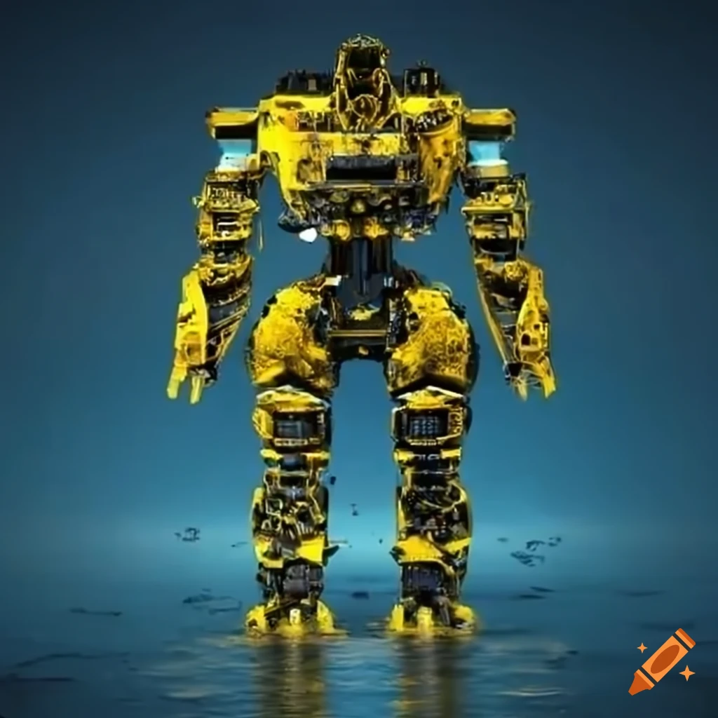 Black and yellow nuclear mech oil rig robot standing in the ocean on ...