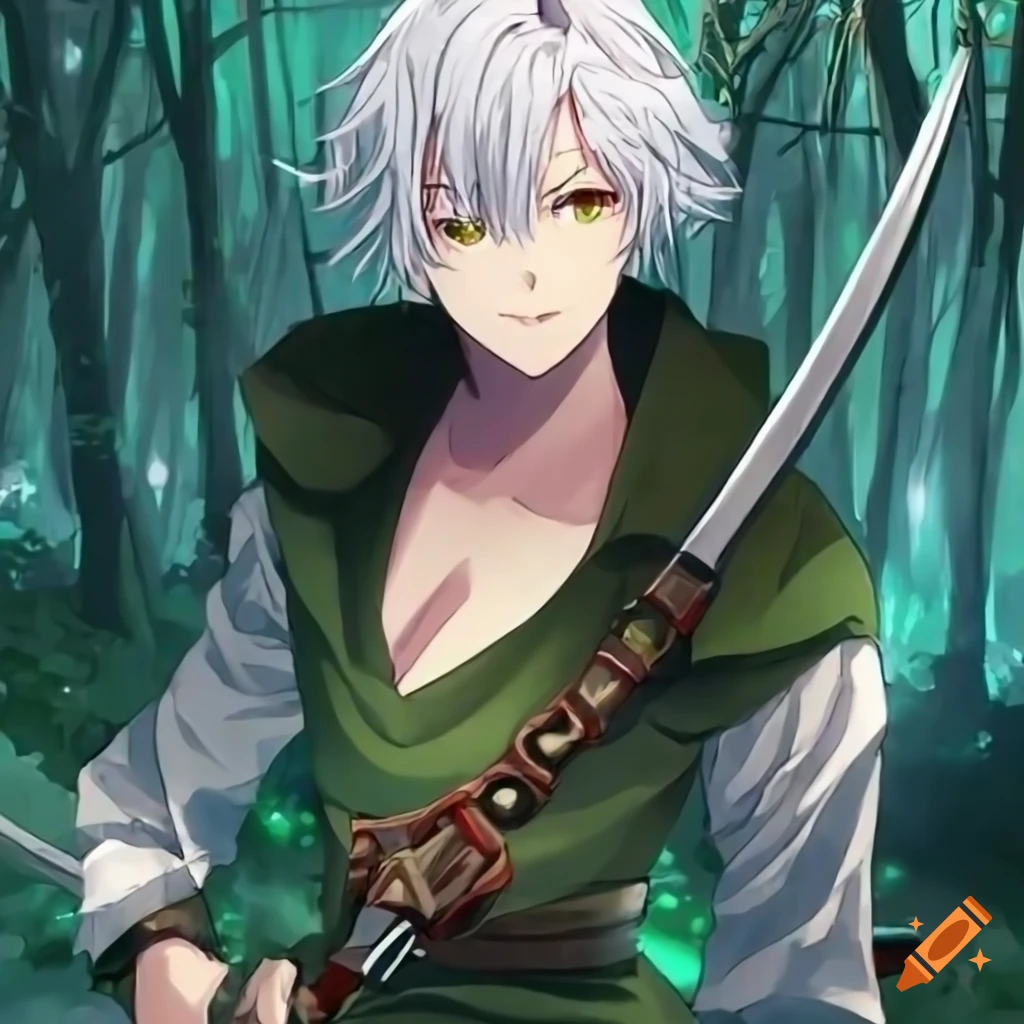 Anime character with short white hair, yellow eyes, and a sword in its ...