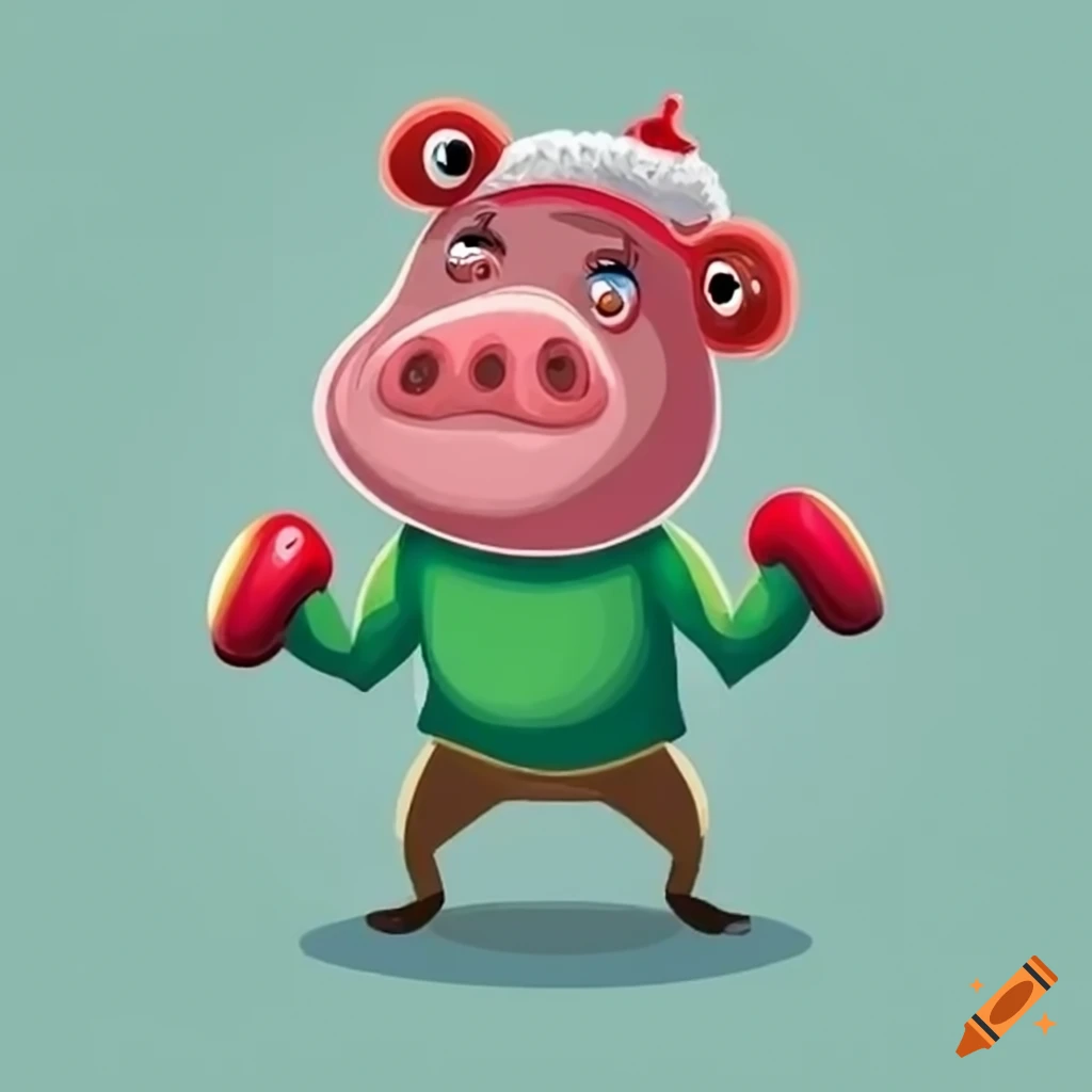 Cartoon pig wearing a frog-shaped winter hat boxing on Craiyon