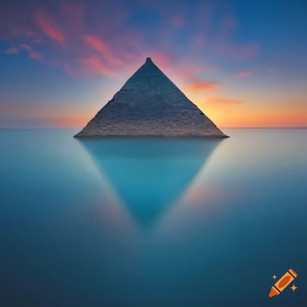 Pyramid in the ocean with a sunset view on Craiyon