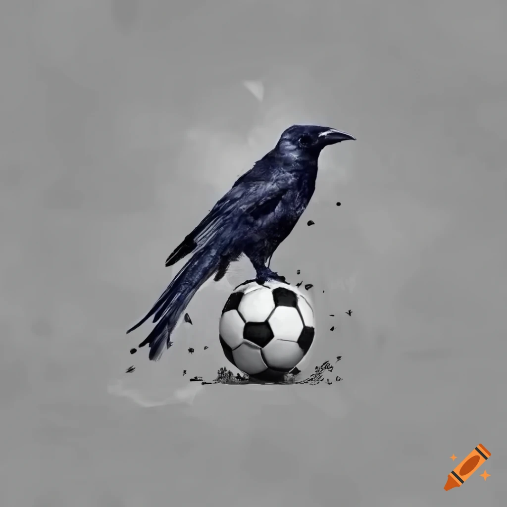 Smart crow sitting on football with team insignia in monochrome on Craiyon