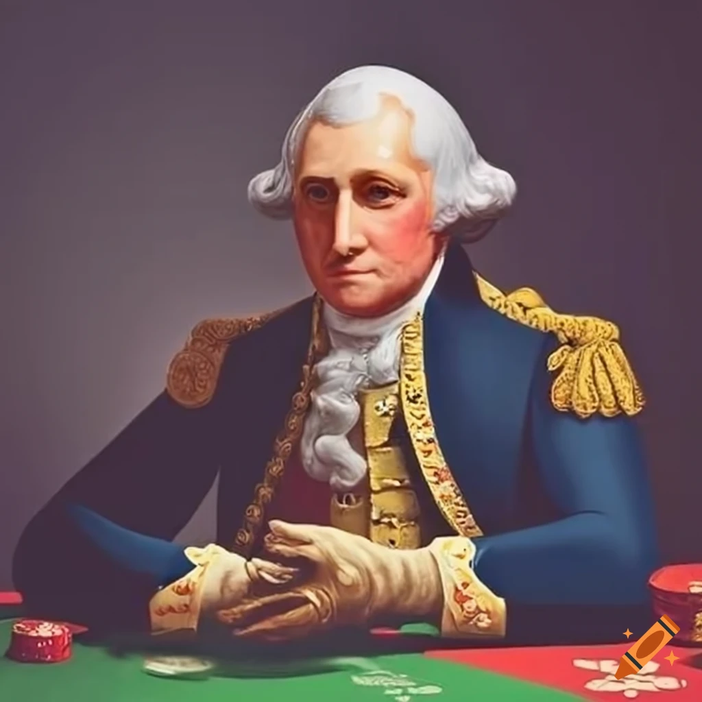 George Washington playing cards at a historic gambling table on Craiyon