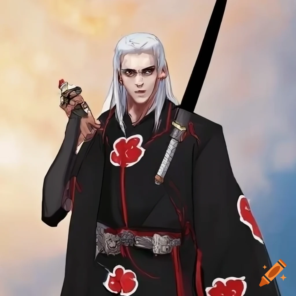 White-haired fusion Geralt de Rivia as black monk akatsuki with sword ...