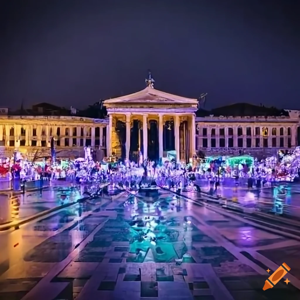 Festive scene of Athens' Omonoia Square with decorations and crowds on Craiyon