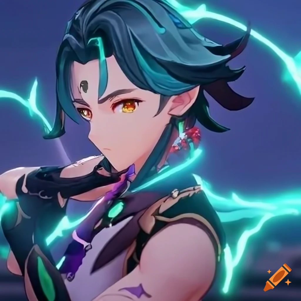 Xiao from Genshin Impact battling with swirling elemental powers and ...