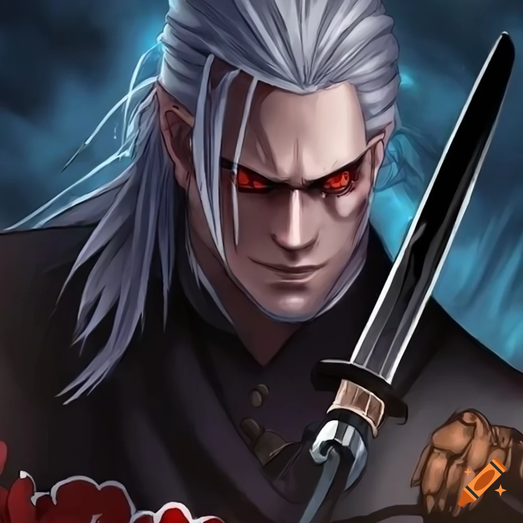 White-haired fusion geralt de rivia as black monk akatsuki with sword ...