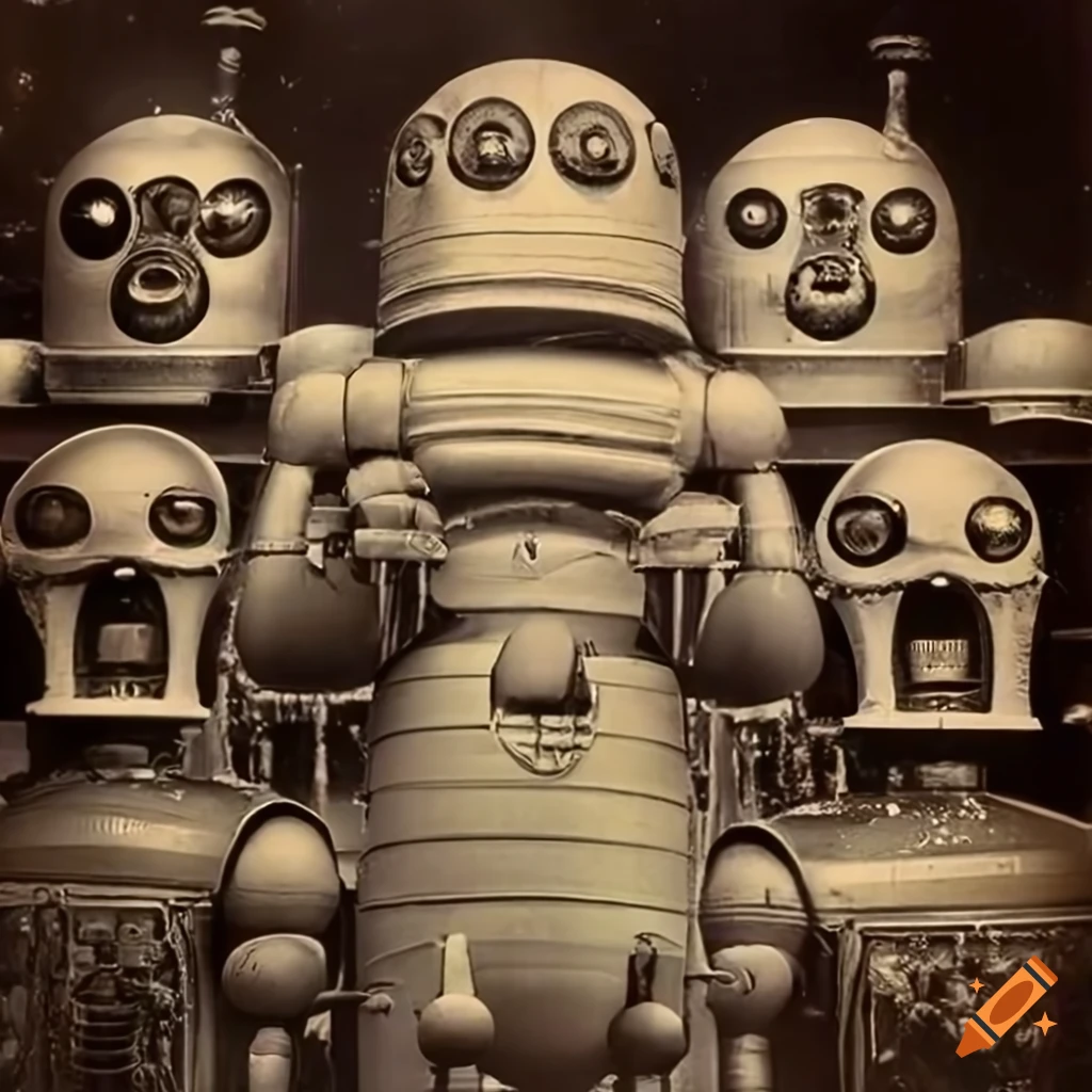 Alien robots working in an ice cream store in a vintage 1920s scene on ...