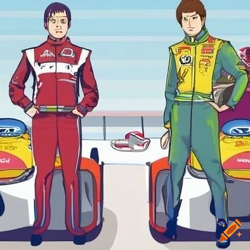 Formula 1 driver standing next to race car on Craiyon