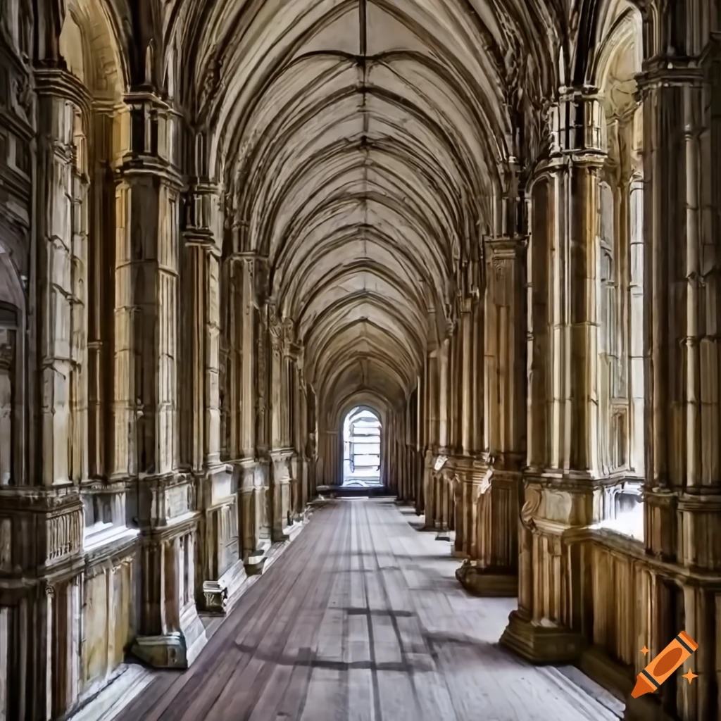 Castle hallway with streaming light on Craiyon