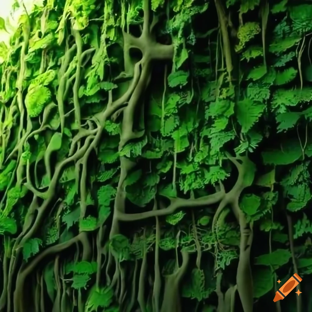 Impressive wall constructed of tangled roots and green foliage on Craiyon
