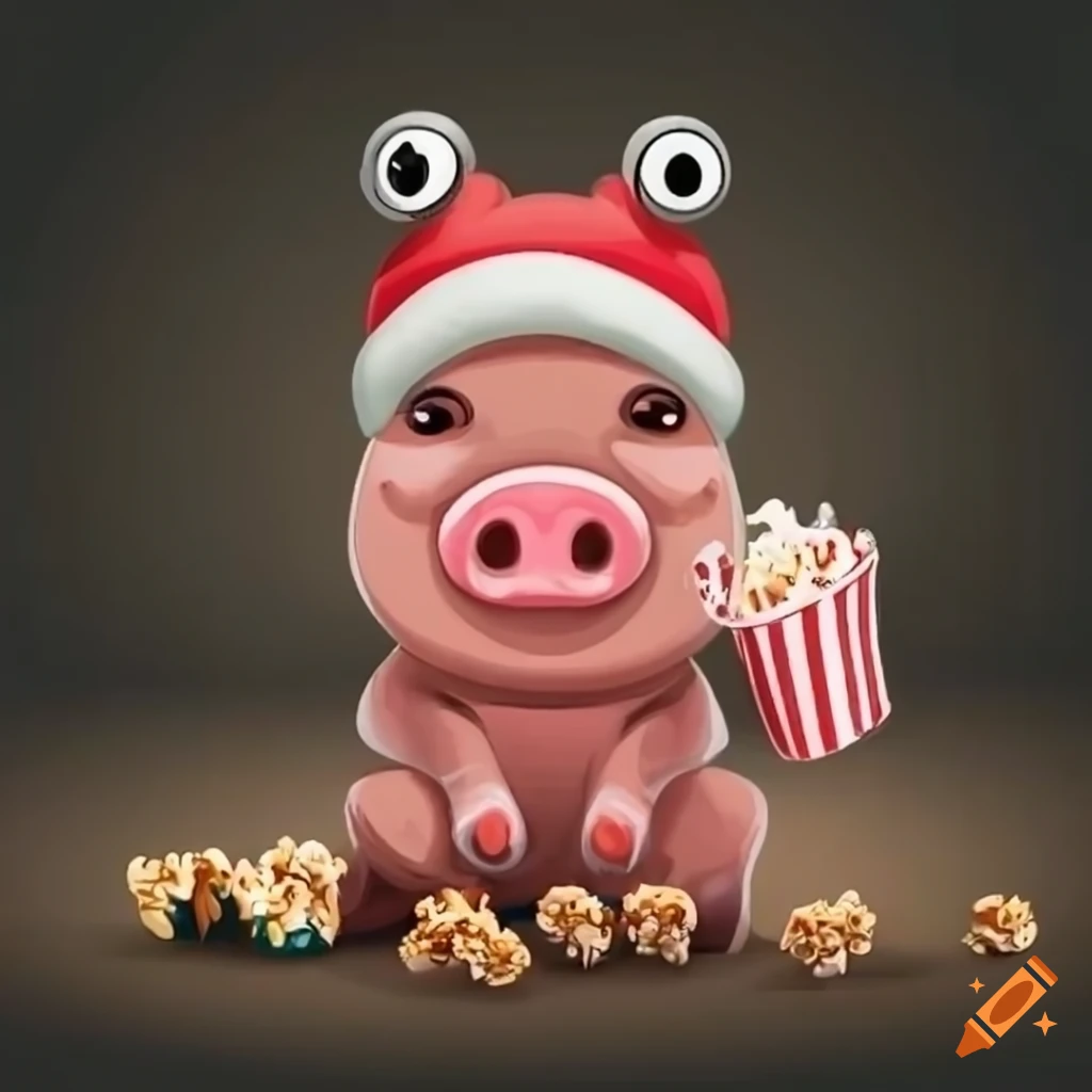 Adorable cartoon pig in a frog hat eating popcorn on Craiyon