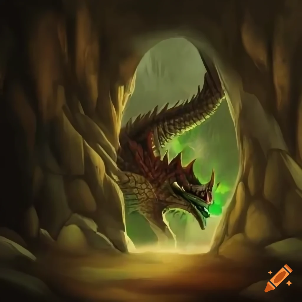 Adventurer at cave entrance with dragon inside on Craiyon