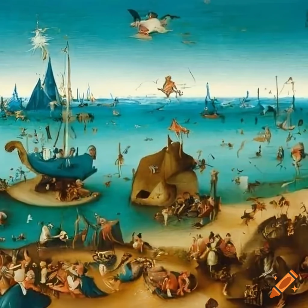 Beach scene inspired by hieronymus bosch on Craiyon