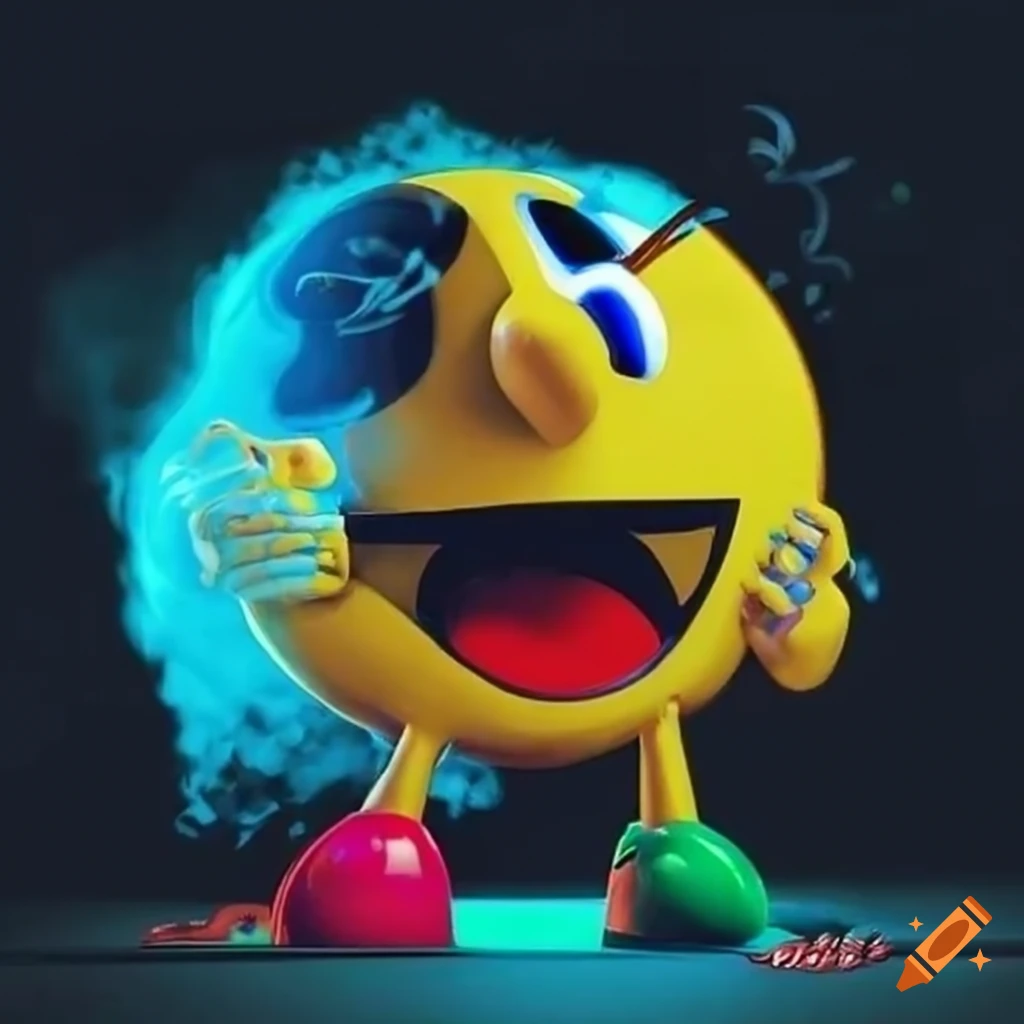 Retro gaming arcade with pacman enjoying cannabis on Craiyon
