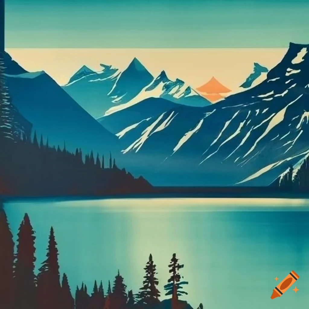 Vintage travel poster of Canadian mountains and lake on Craiyon
