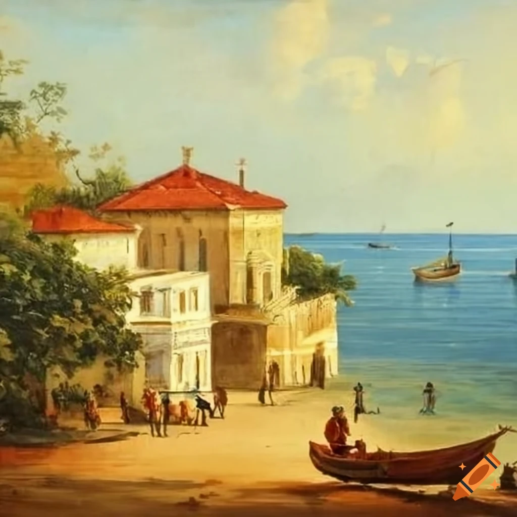Greek colonial coastal city painting in guinea from the 19th century on ...
