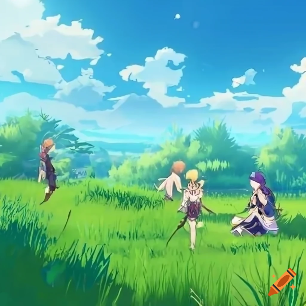 Anime landscape with people on grass similar to Genshin Impact on Craiyon