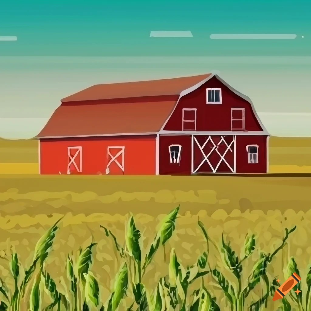 Red barn in a cornfield depicted in 2d vector art on Craiyon