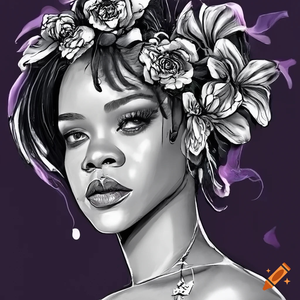 Black and white portrait of Rihanna with flowers in her hair by ...
