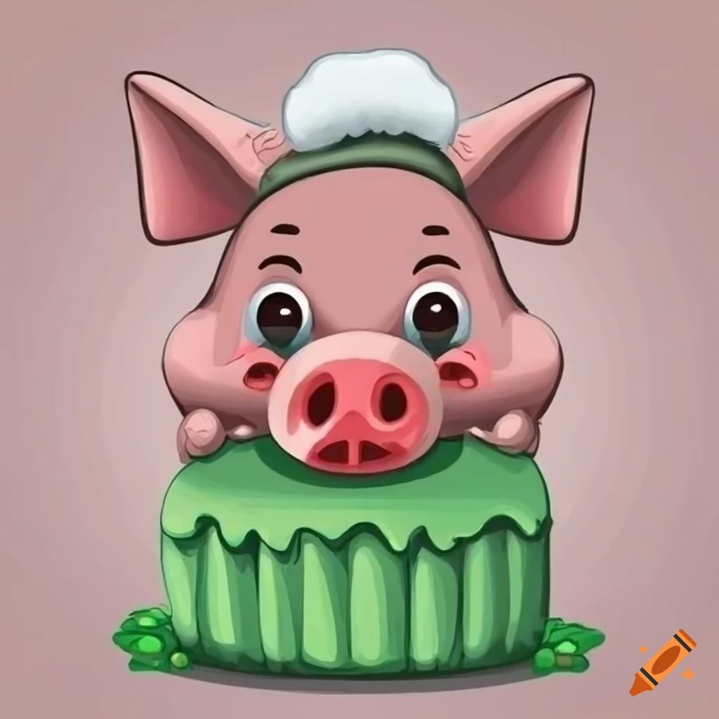 Cartoon pig in frog hat eating a cake on Craiyon