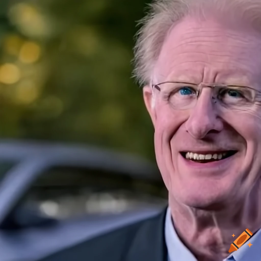 Snapshot of ed begley jr. in front of his electric car on Craiyon