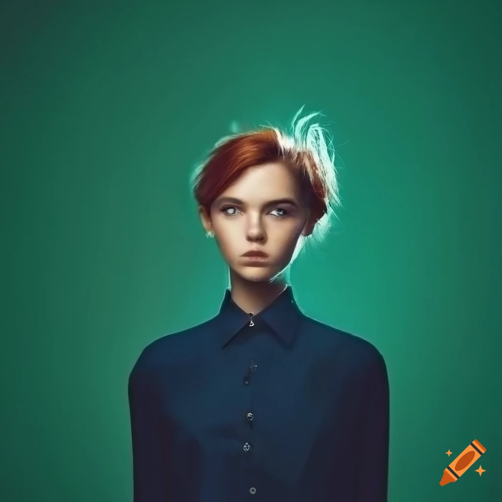Pretty Girl With Short Auburn Hair Wearing A Blue Shirt On A Green