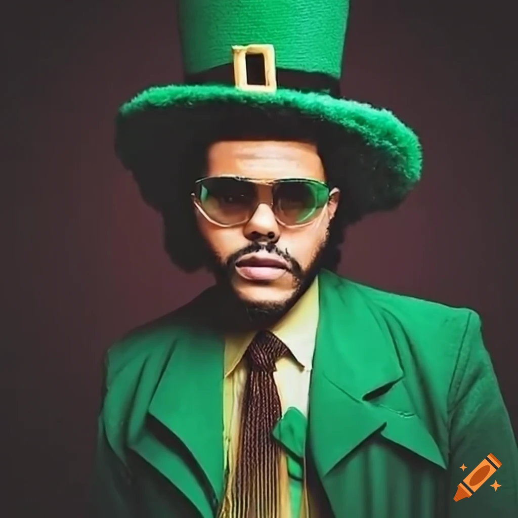 The Weeknd dressed as a joyful leprechaun with a green basket on Craiyon
