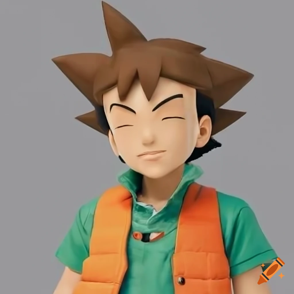 Brock from pokemon with eyes closed wearing orange vest over green ...