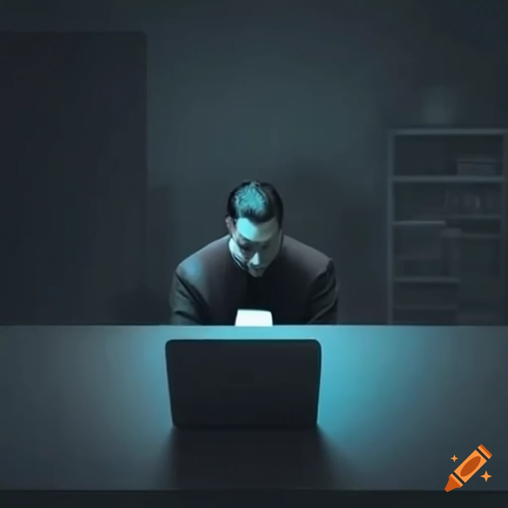 Man working alone on a desk with a computer late at night on Craiyon