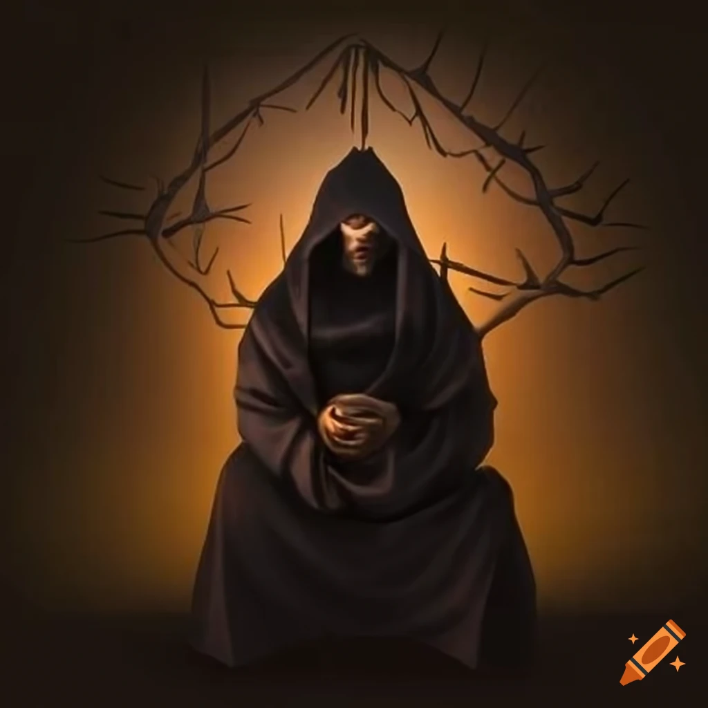 Monk in black robe collecting honey from a beehive on Craiyon