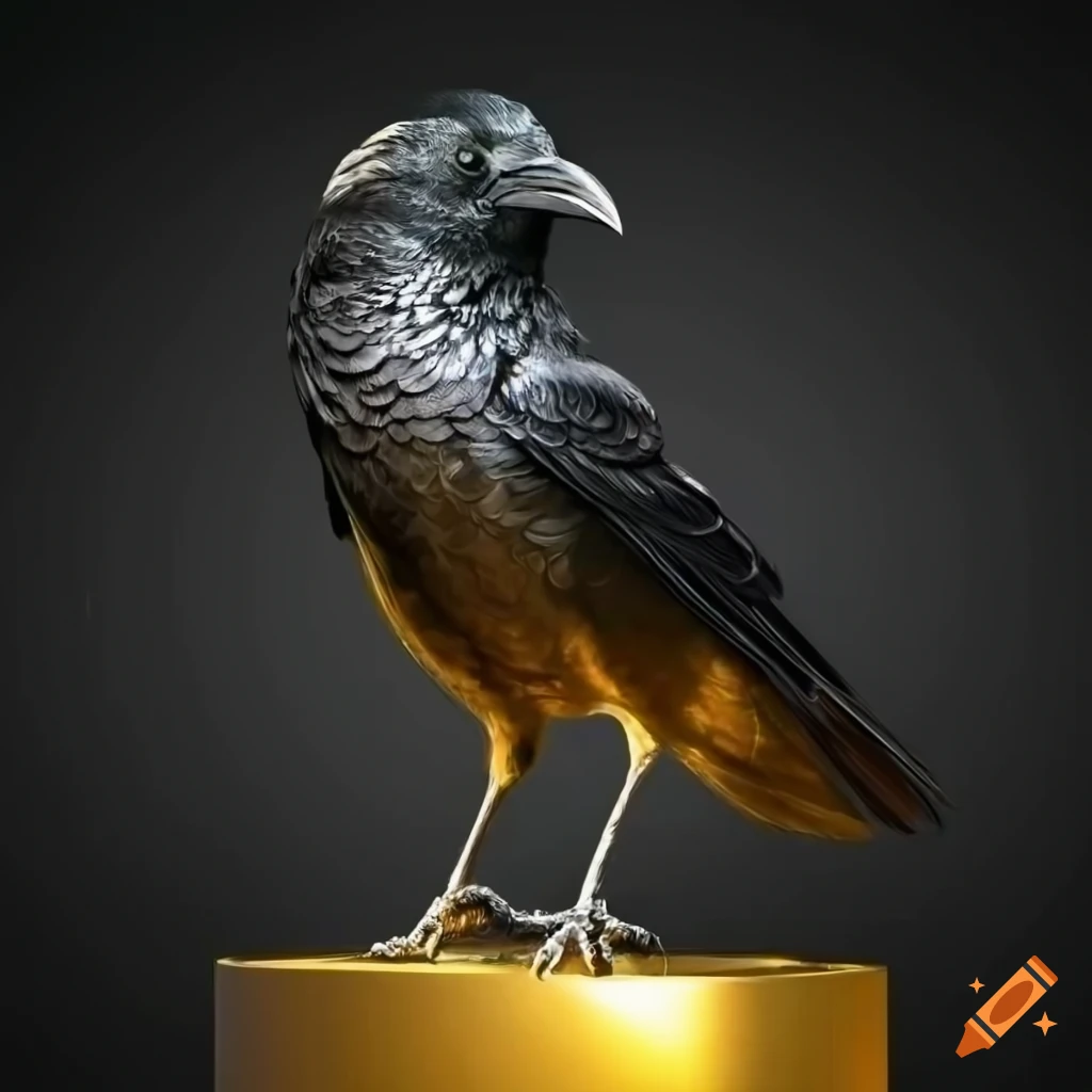 Realistic raven transitioning into golden reflective statue on Craiyon