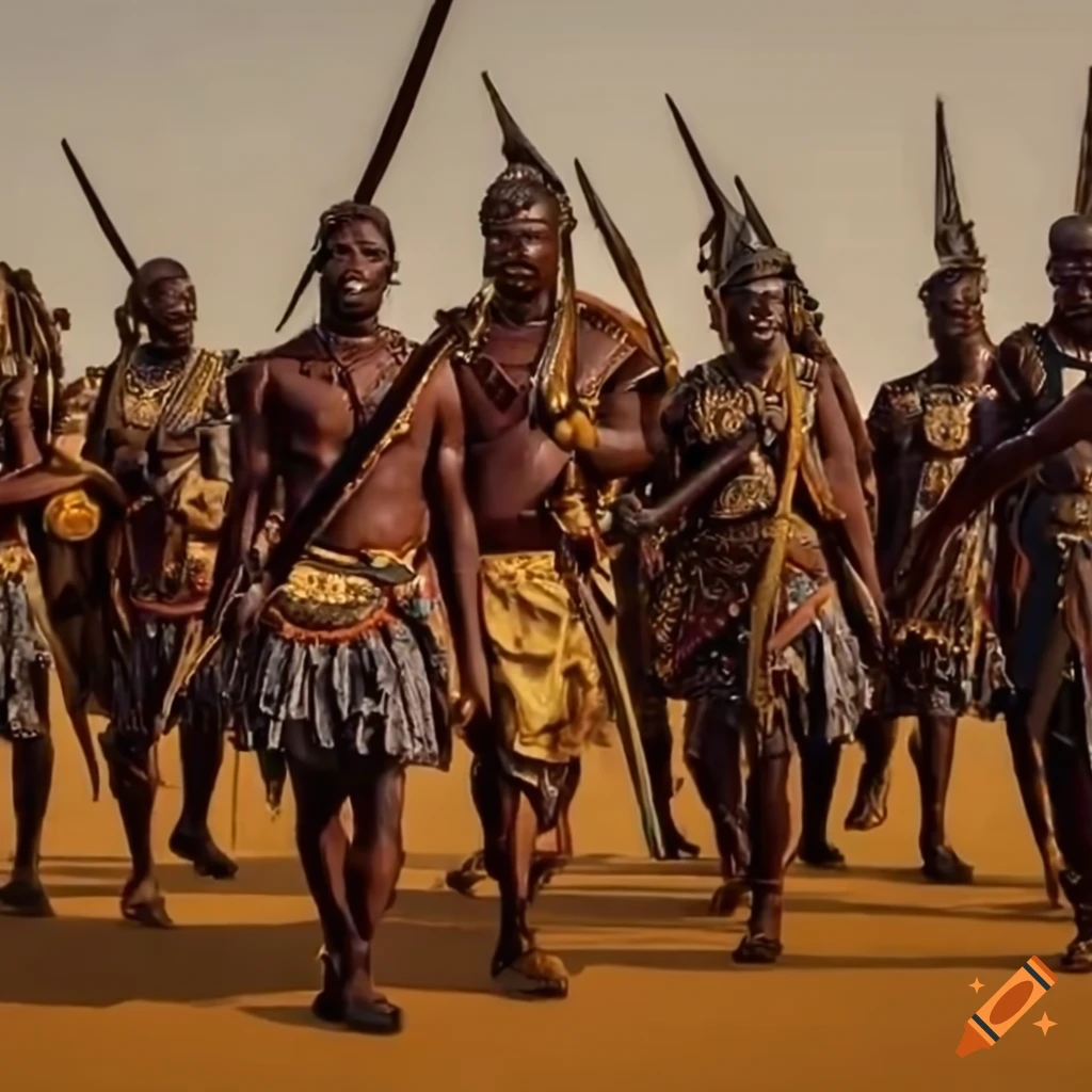 Historical scene of an impressive african kingdom army procession on ...