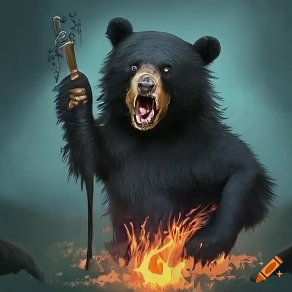 Fantasy scene of a small black bear in attack mode on Craiyon