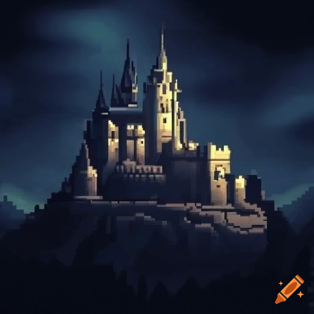 Realistic castle at night in dark pixel art on Craiyon