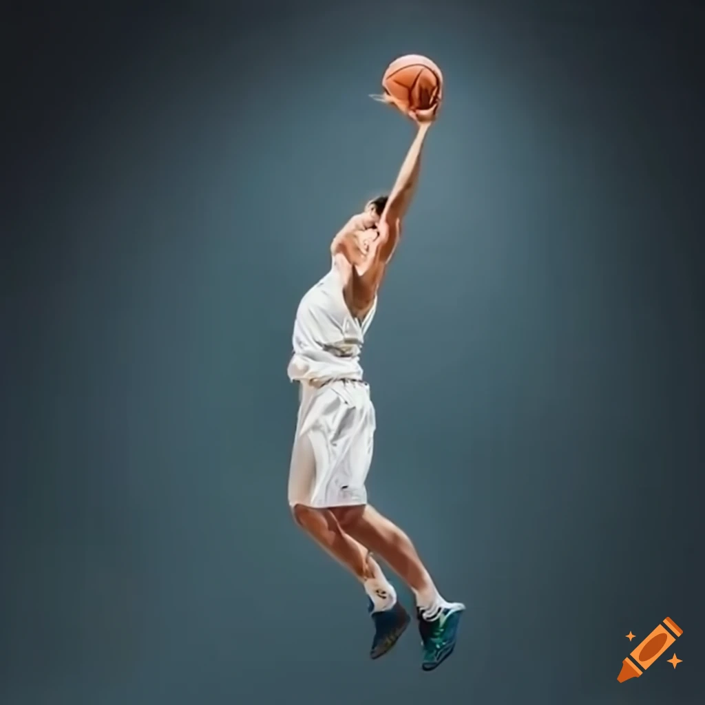 Young man in white basketball outfit doing a jump shot on Craiyon