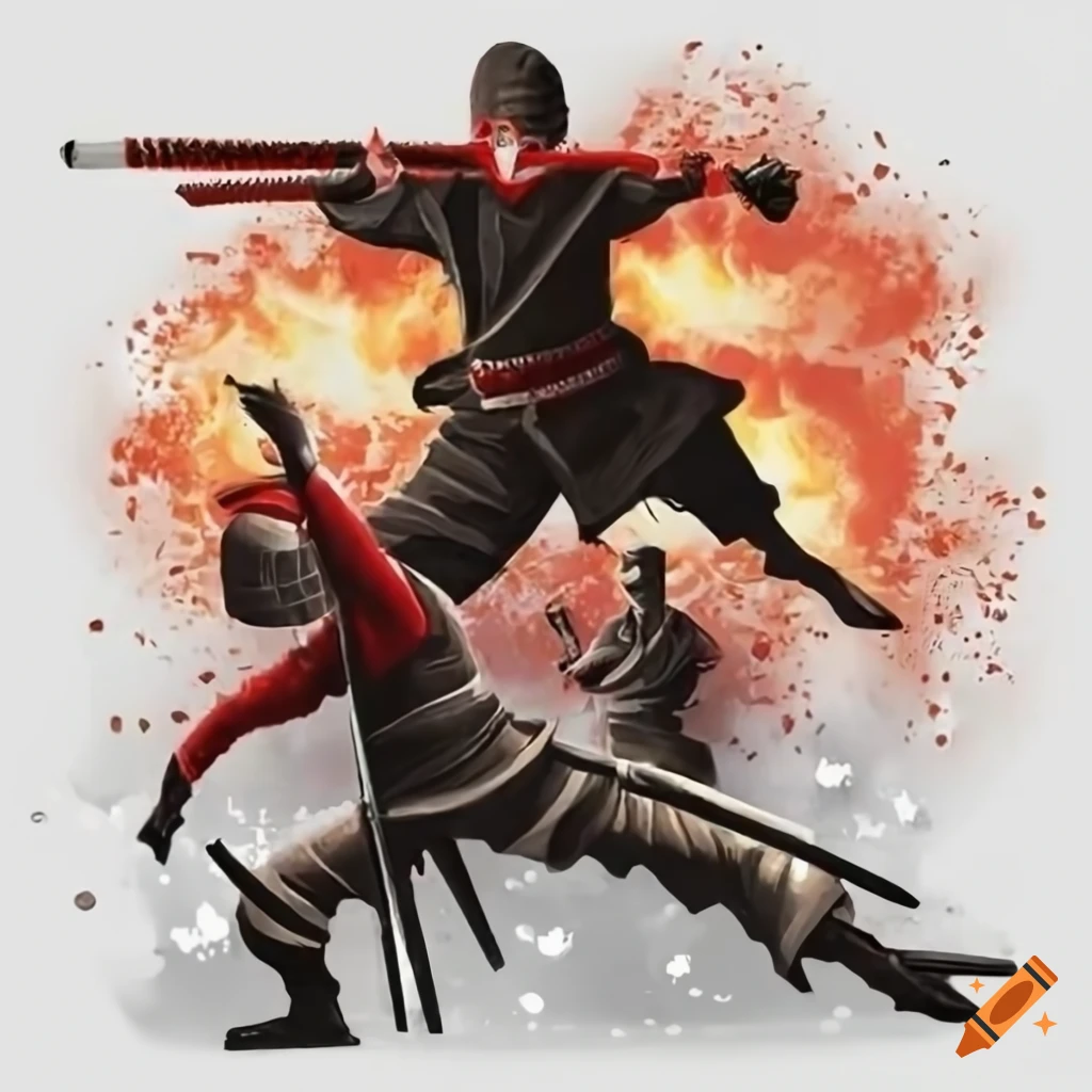 Ninjas fighting with flaming swords on white background on Craiyon