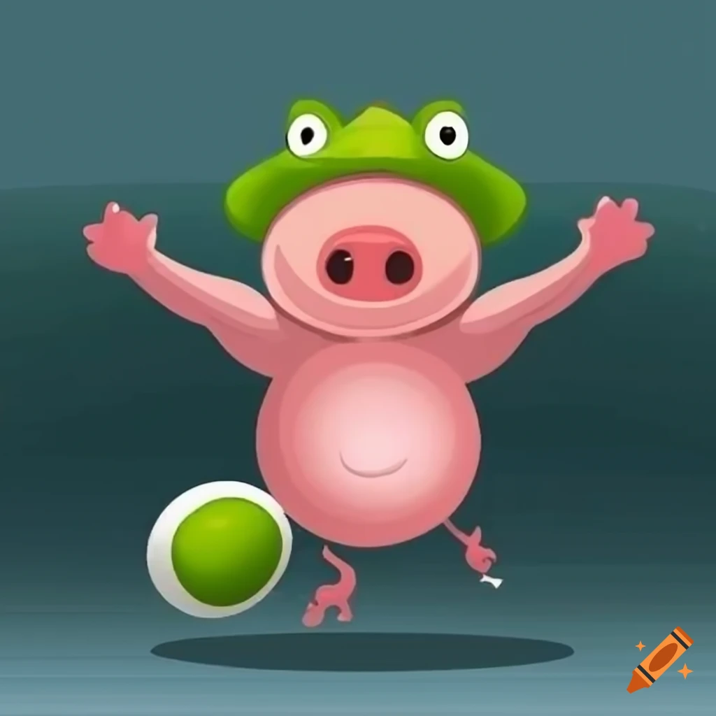 Cartoon pig in frog hat playing rugby on Craiyon