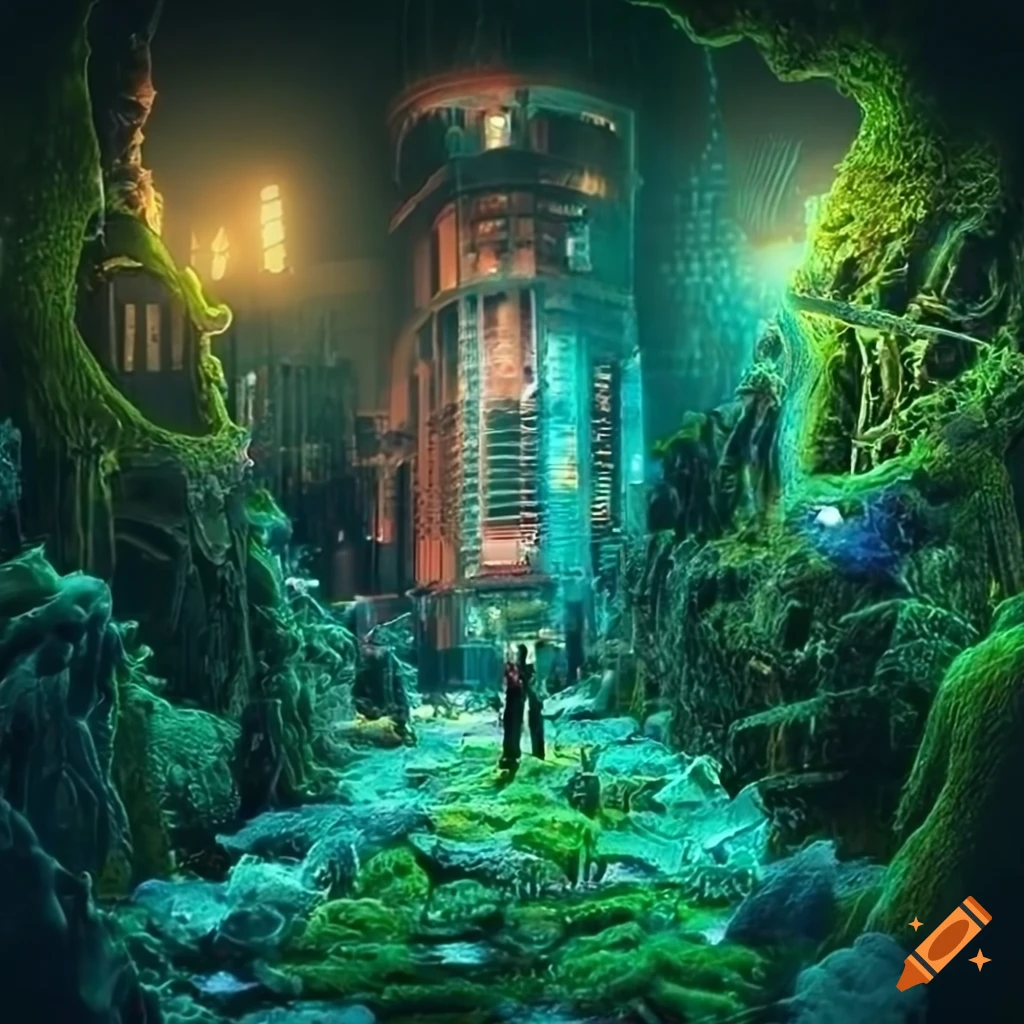 Glowing biopunk cityscape with cyborg mutant omega mart lemon fruit ...