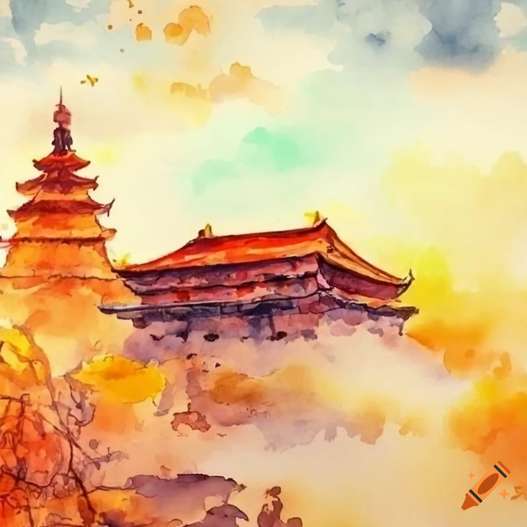 Shaolin temple depicted in watercolor landscape on Craiyon