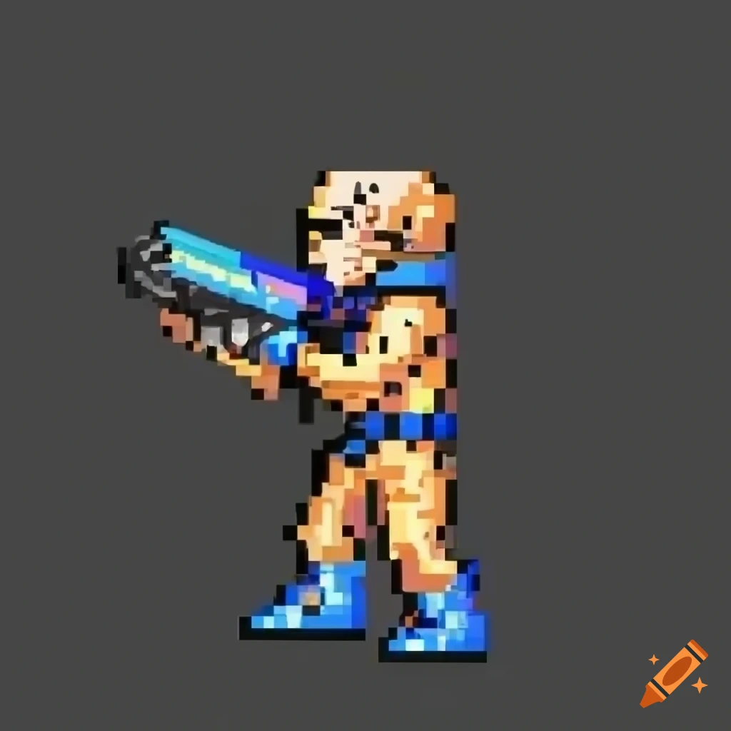 Space man with laser pistol in side view from a video game sprite on ...