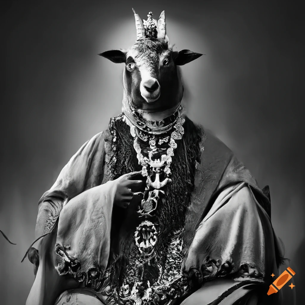 Photorealistic black and white photo of a goat lord in a ritualistic ...