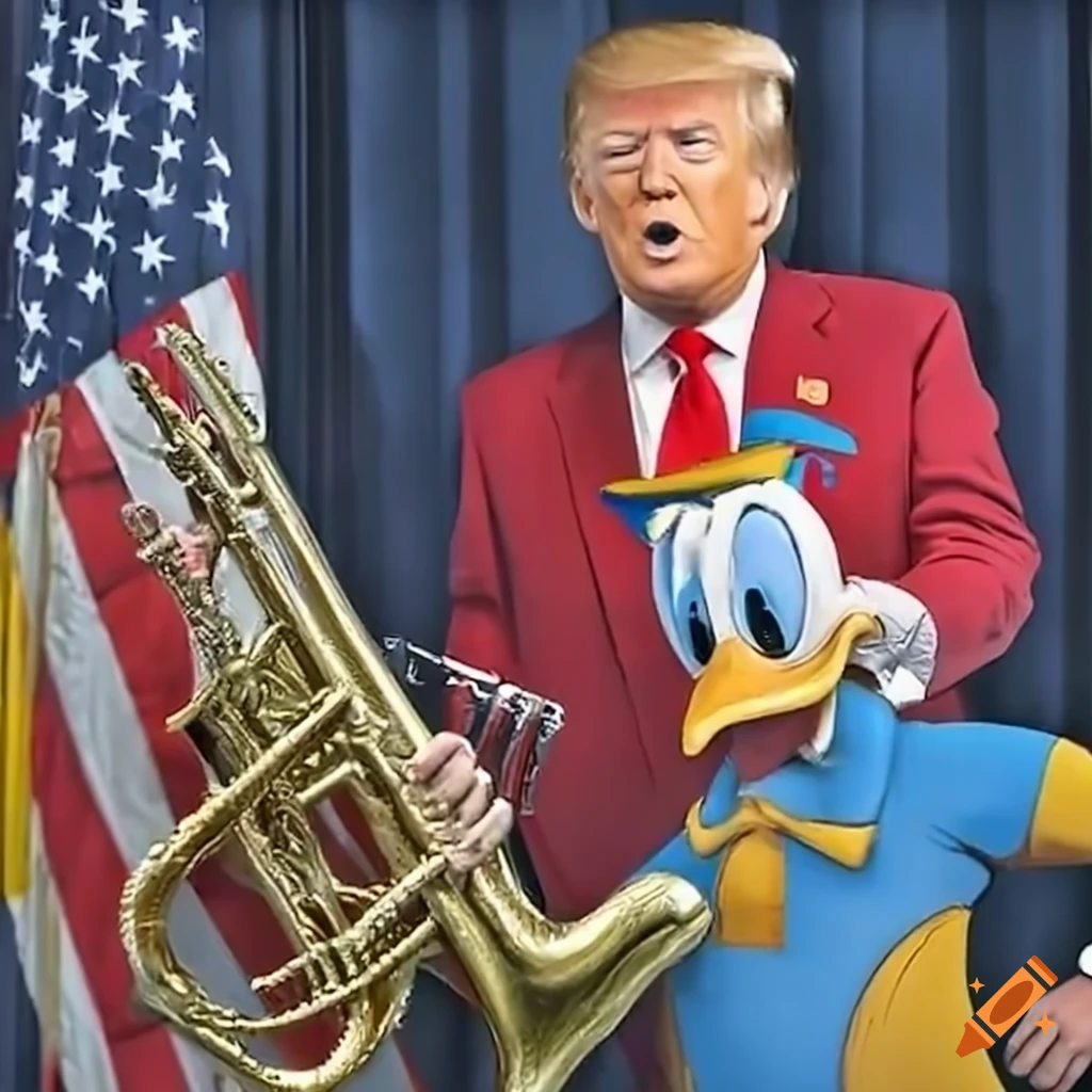 Donald Duck and Donald Trump playing trumpets together in a playful ...