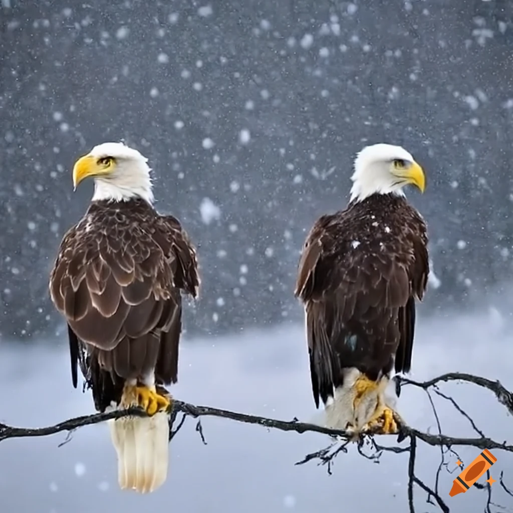 Two bald eagles in a snow storm on Craiyon