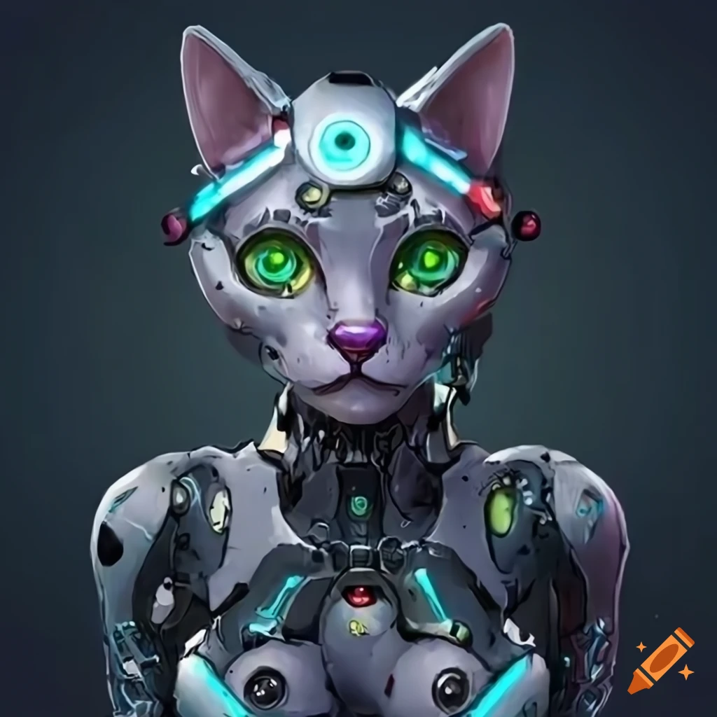 Friendly female cybernetic cyborg cat on Craiyon