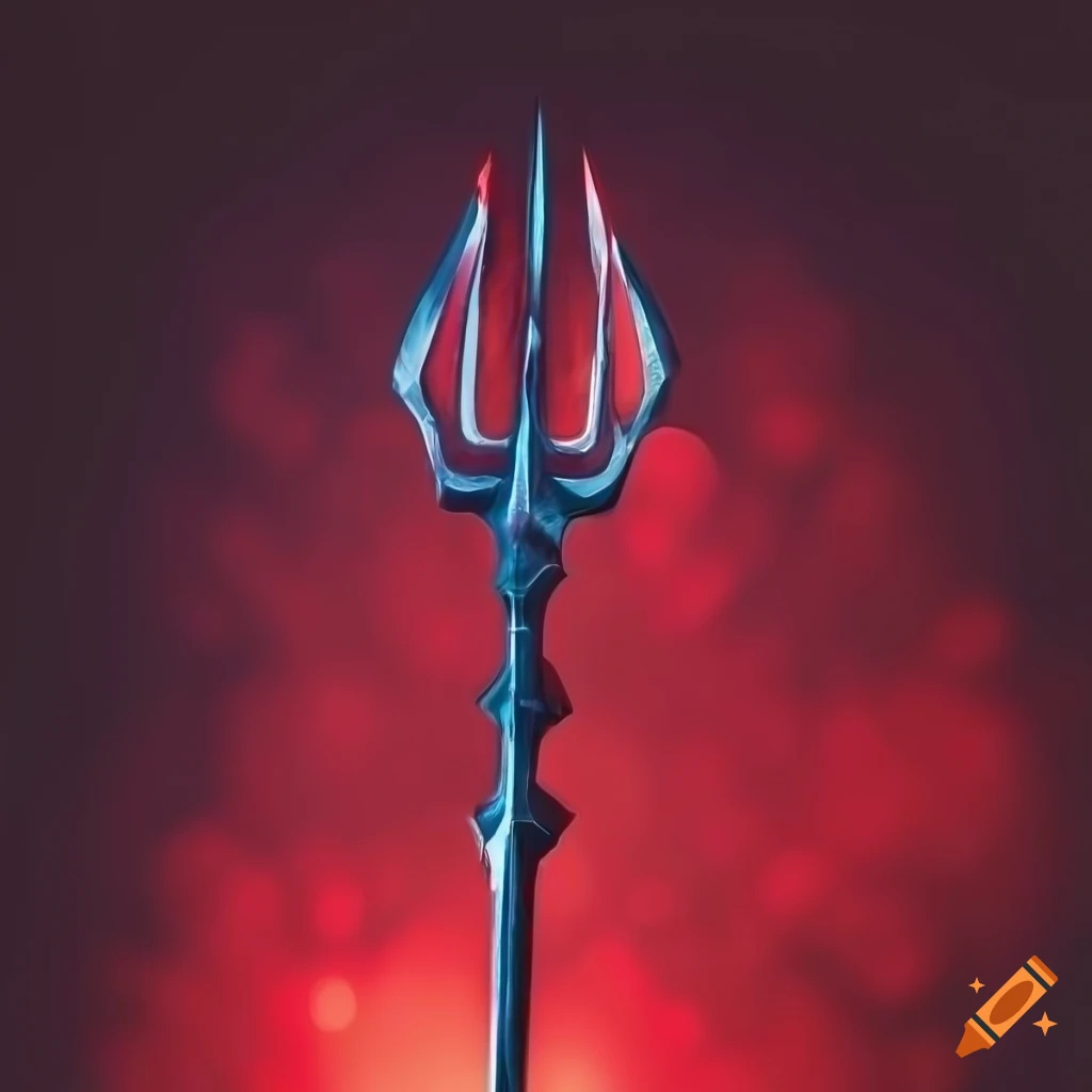 Mythical trident with glowing red spikes in a dramatic perspective on ...