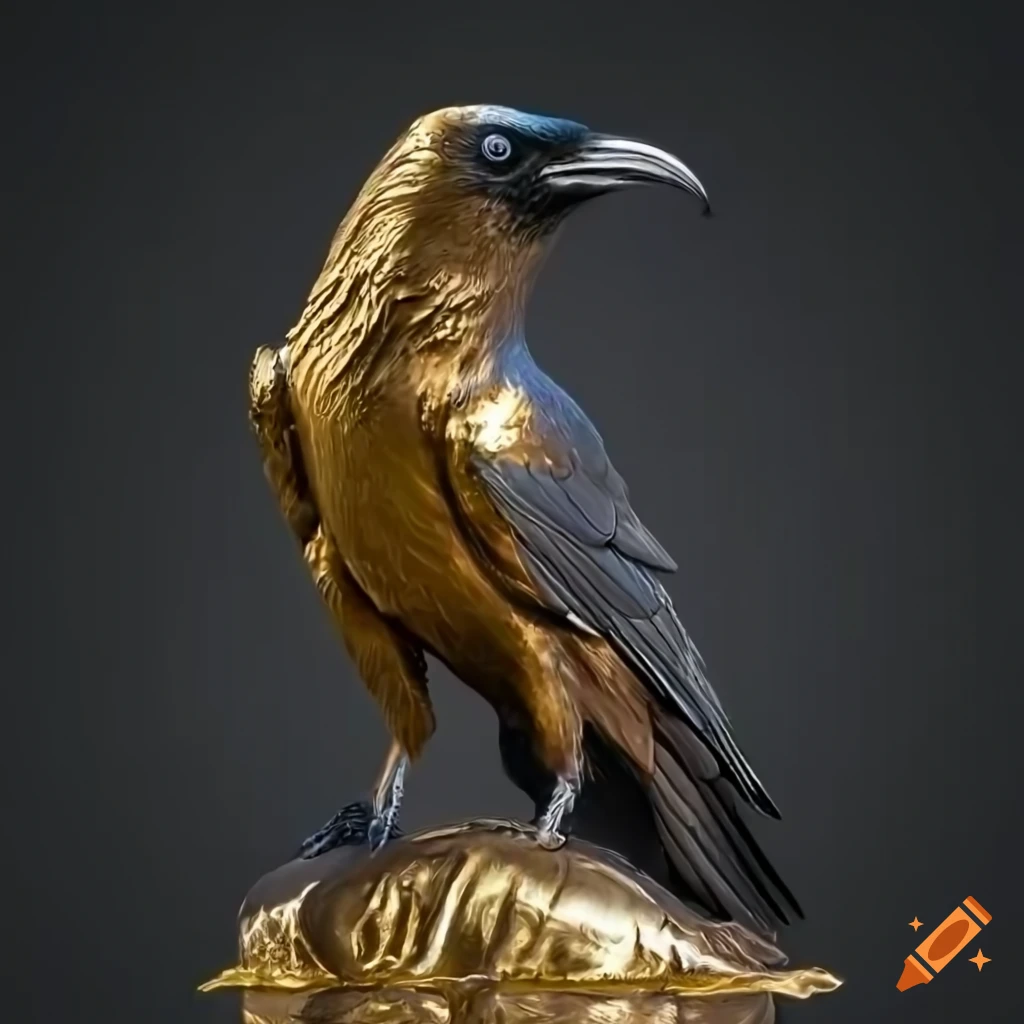 Hyperrealistic raven merging into a golden statue with detailed texture ...